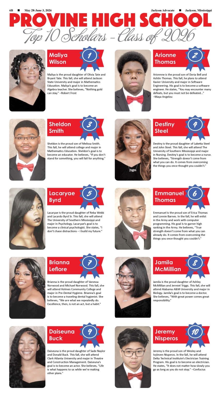 PROVINE HIGH SCHOOL Top 10 Scholars - Class of 2026 – Jackson Advocate